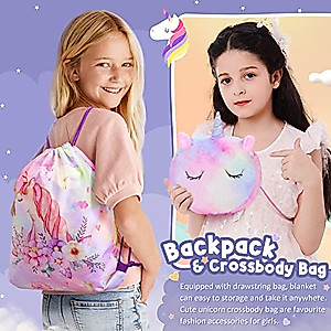 Tiblue Unicorn Toys for Girls Age 4-6, Preschool Kindergarten Back to School Gift Unicorn Birthday Gifts for 4 5 6 7 8 9 10 11 12 Year Old Toddler Teen Girl with Glow in The Dark Blanket Cup Bag Purse