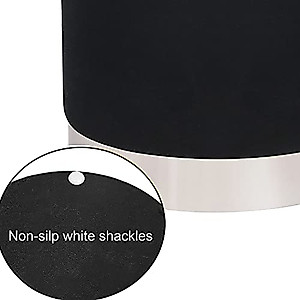 Adeco Round Upholstered Velvet Ottoman with Silver Metal Base, Makeup Vanity Chair Soft Compact Padded Foot Rest Stool for Living Room Bedroom, Black