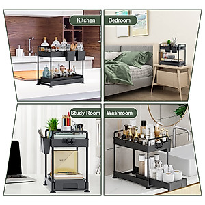 BAYANKHAR Under Sink Organizers and Storage, Multi-purpose Bathroom Organizer Under Sink, 2 Tier Under Kitchen Sink Organizer Sliding Cabinet organizer Basket with Hooks,Hanging Cup,Black,2 Pack