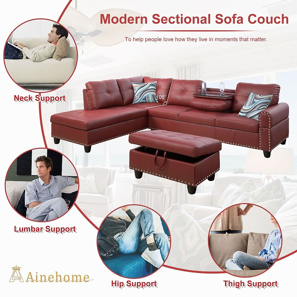 EZLUX Red Faux Synthetic Leather Left Chaise Sectional Sofa Couch Set with Storage Ottoman and Cup Holder for Living Room, Onesize