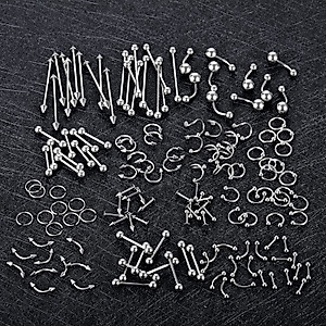 Xpircn 150PCS Mixed Piercing Stainless Steel Nose Horseshoe Lip Tongue Eyebrow Tragus Septum Clicker Body Piercing Navel Belly Ring Nipple Industrial Barbells 14G 16G 20G