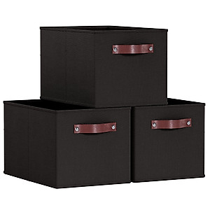 3 Pack Collapsible Shelf Basket Rectangle Storage Bins with Faux Leather Handles, X Large Foldable Fabric Shelf Storage Basket Closet Organizer and Storage Box for Clothes, Black