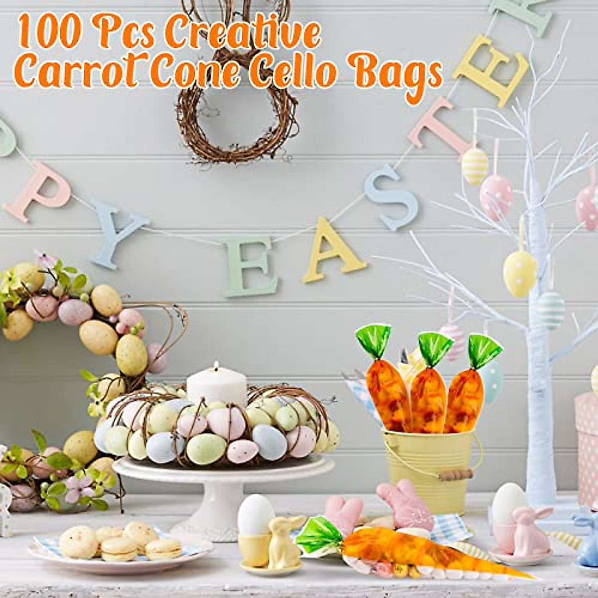 ISKYBOB 100 Sheets Carrot Shape Candy Bag Easter Bunny Plastic Cone Cellophane Rabbit Treat Triangle Pouch Gift Wrapper with Twist Ties for Birthday Party, Baby Shower, Easter Decor