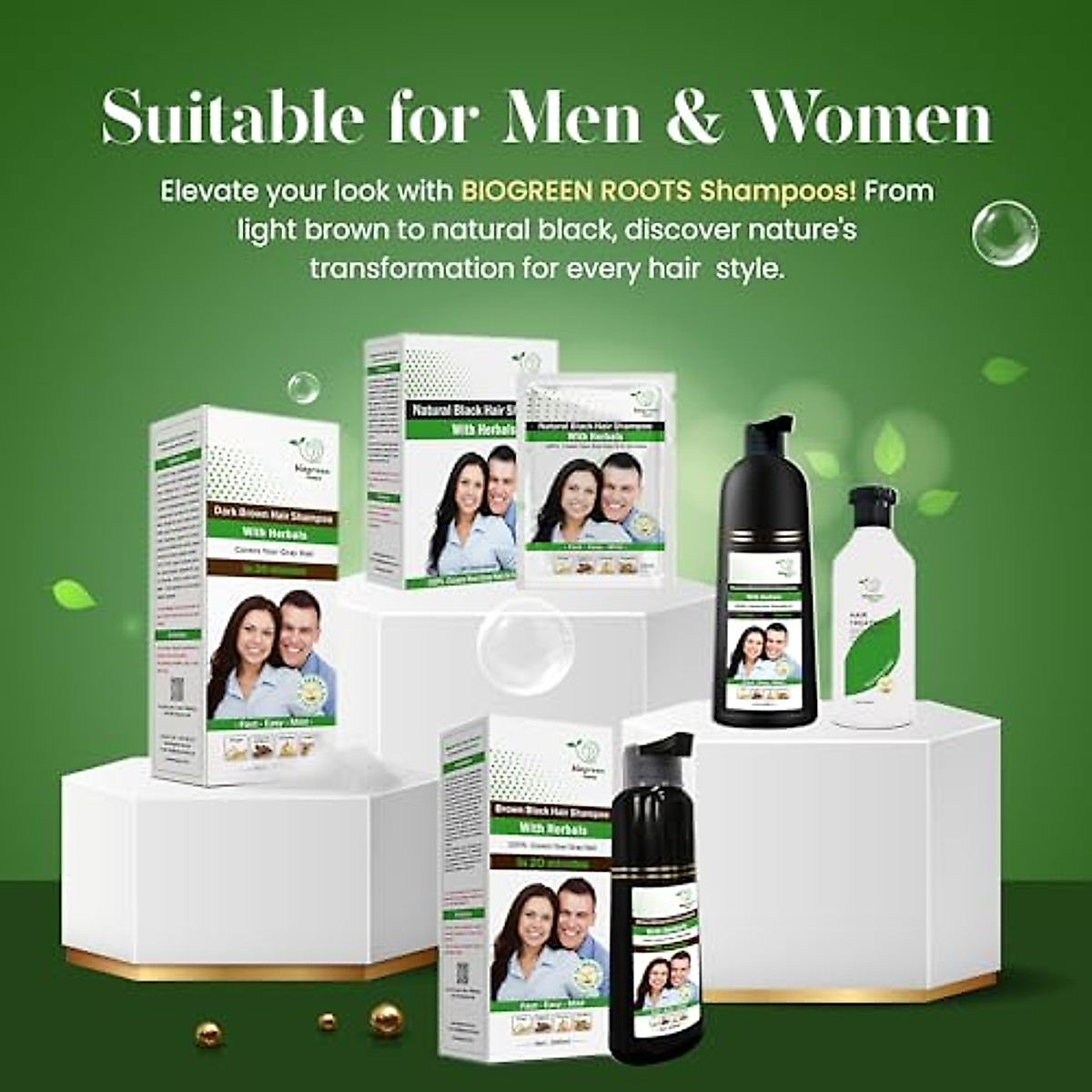 BIOGREEN ROOTS Ammonia-Free Herbal Hair Shampoo - Effectively Covers Gray Hair for Men and Women - Natural Color and Herbal Nourishment - No Stain on Skin - Dark Brown (200 ml)