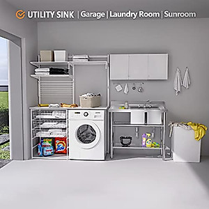 VINGLI 39" W 2 Compartment Commercial Sink with Drainboard, Double Basin Sink and A Shelf Underneath, 304 Stainless Steel Table with Sink, Freestanding Utility Sink and Countertop for Restaurant, Shop