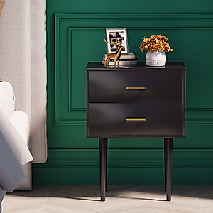 Black Nightstand with 2 Drawers, Modern Night Stand Black, Wooden Night Stands for Bedroom, Bed Side Table, End Table, Gold Handle 26 Inch Tall, Large Size