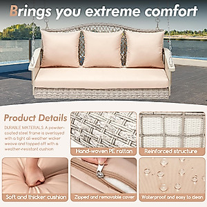 ZZW Upgraded Wicker Hanging Porch Swing Heavy Duty 900 LBS 3-Seat Outdoor Patio Swing Chair Bench for Adult w/ 8.9ft Hanging Chains Cushions and Cup Holder