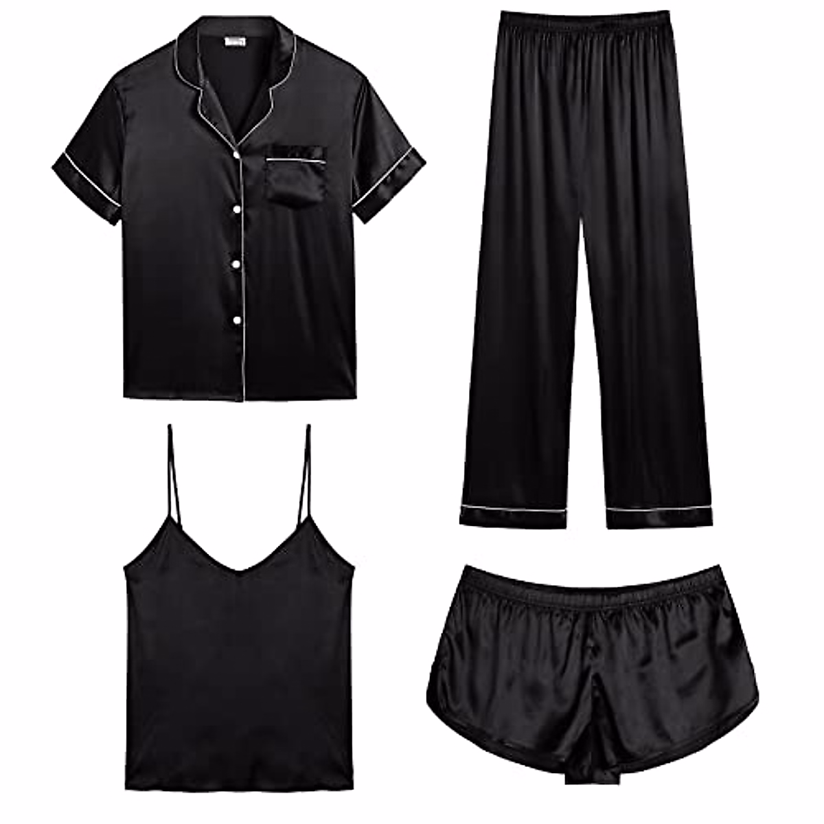 SWOMOG Womens 4pcs Pajamas Sets Sexy Cami with Button Down Short Sleeve Shirt Pjs Silk Satin Sleepwear Loungewear A-black