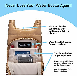 WanderFull Original Crossbody HydroBag | Quilted Water Bottle Carrier | Puffer Tote Tumbler Holder with Pockets for Purse, Phone & Accessories | Carry Travel Essentials (Camel Glossy/Patterned Strap)