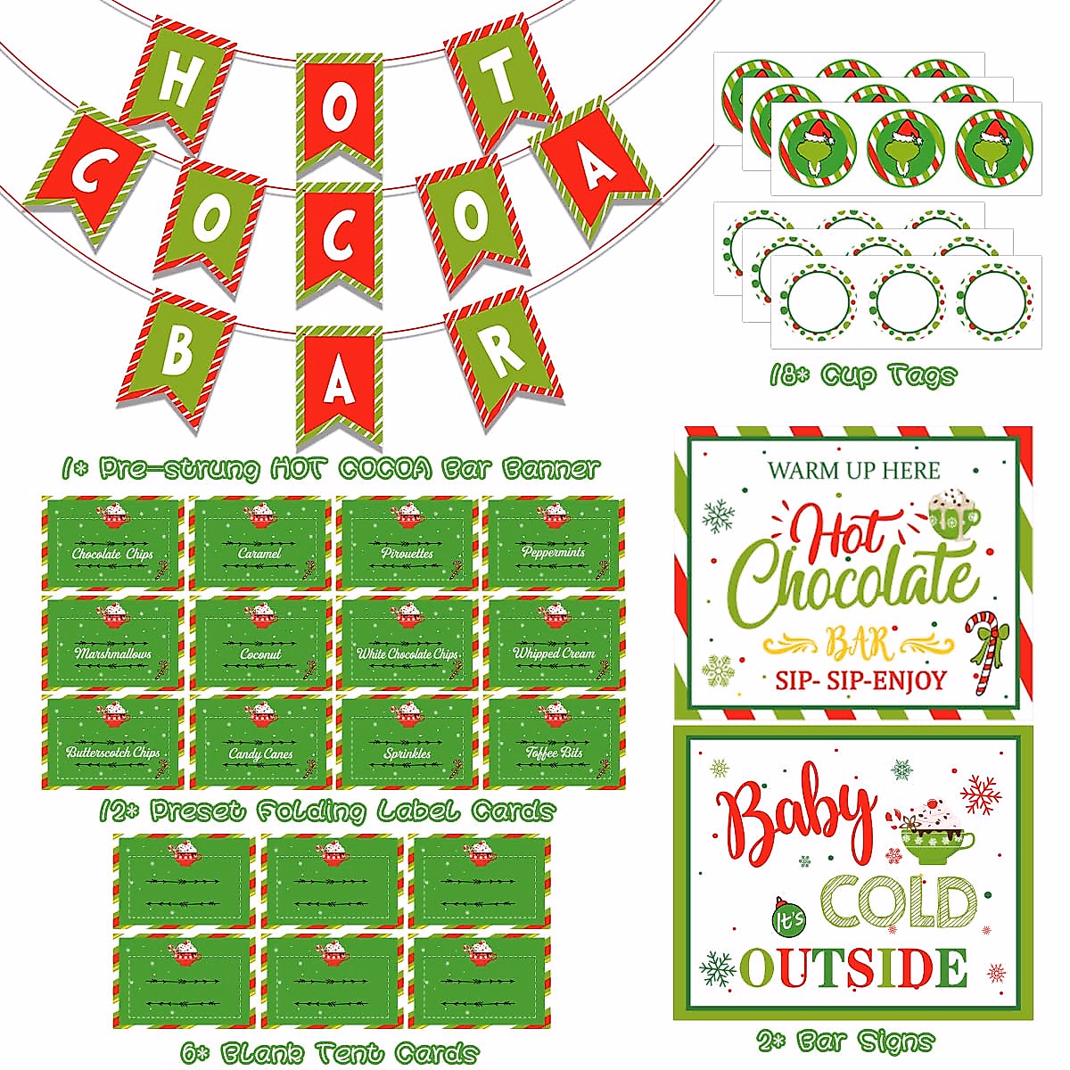 Winter Hot Chocolate Bar Kit Hot Cocoa Bar Banner Christmas Red Green Hot Chocolate Bar Signs Baby It's Cold Outside Toppings Labels Cup Tags Stickers for Wintertime Holiday Baby Shower Birthday