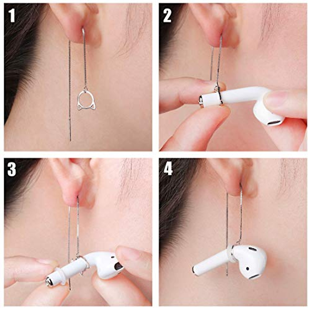 Guran Cat Earrings Anti-Lost Earphone Strap Compatible for Airpods 1 2 3 Pro (Cat_Silver)