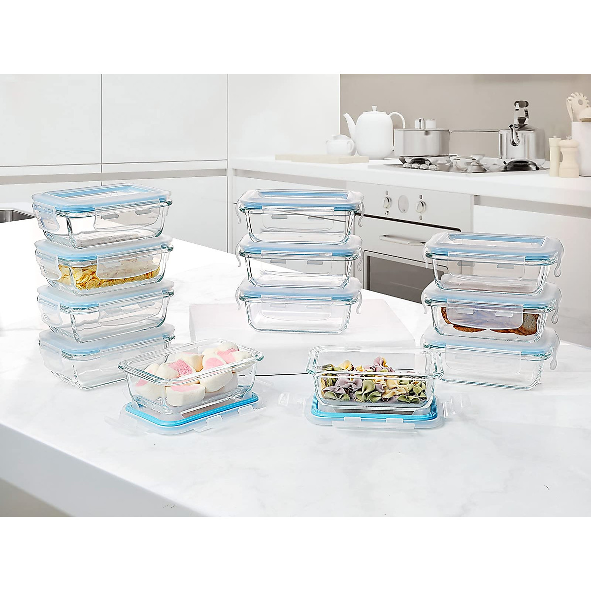 M MCIRCO [12-Pack, 6.3oz] Small Glass Food Storage Containers, Small Glass Containers with Lids, Small Glass Jars for Snacks, Dips, Sauces, BPA Free, Freezer, Microwave & Dishwasher Friendly, Blue