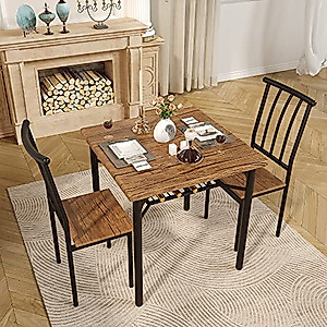 Amyove Kitchen Chairs with Wine Rack 3 Piece Square Dining Room Table Set for Small Space, Rustic Brown