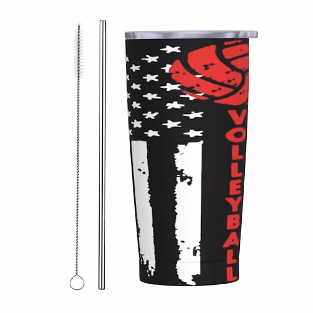 VKKOEWL American Flag Volleyball Sports Stainless Steel Insulated Tumbler 20 Oz Travel Water Bottle Coffee Mug Drink Cup With Lid Straw
