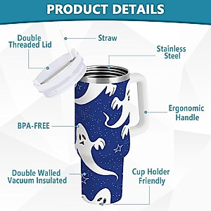 RPLIFE Whimsical Ghosts Deep Blue Stainless Steel Mug, Insulated Water Bottle with Straw, Tumblers for Women