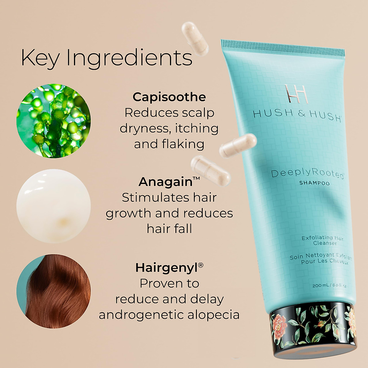 Hush & Hush DeeplyRooted Shampoo - Luxurious Sulfate Free Exfoliating Shampoo - Strengthens Thin, Brittle, & Aging Hair - 200 ML/6.8 Fl Oz