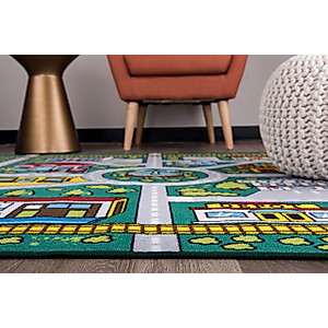 Rugshop Kids Educational Learning City Life Road Non Skid (Non Slip) Area Rug 5' x 7' Green