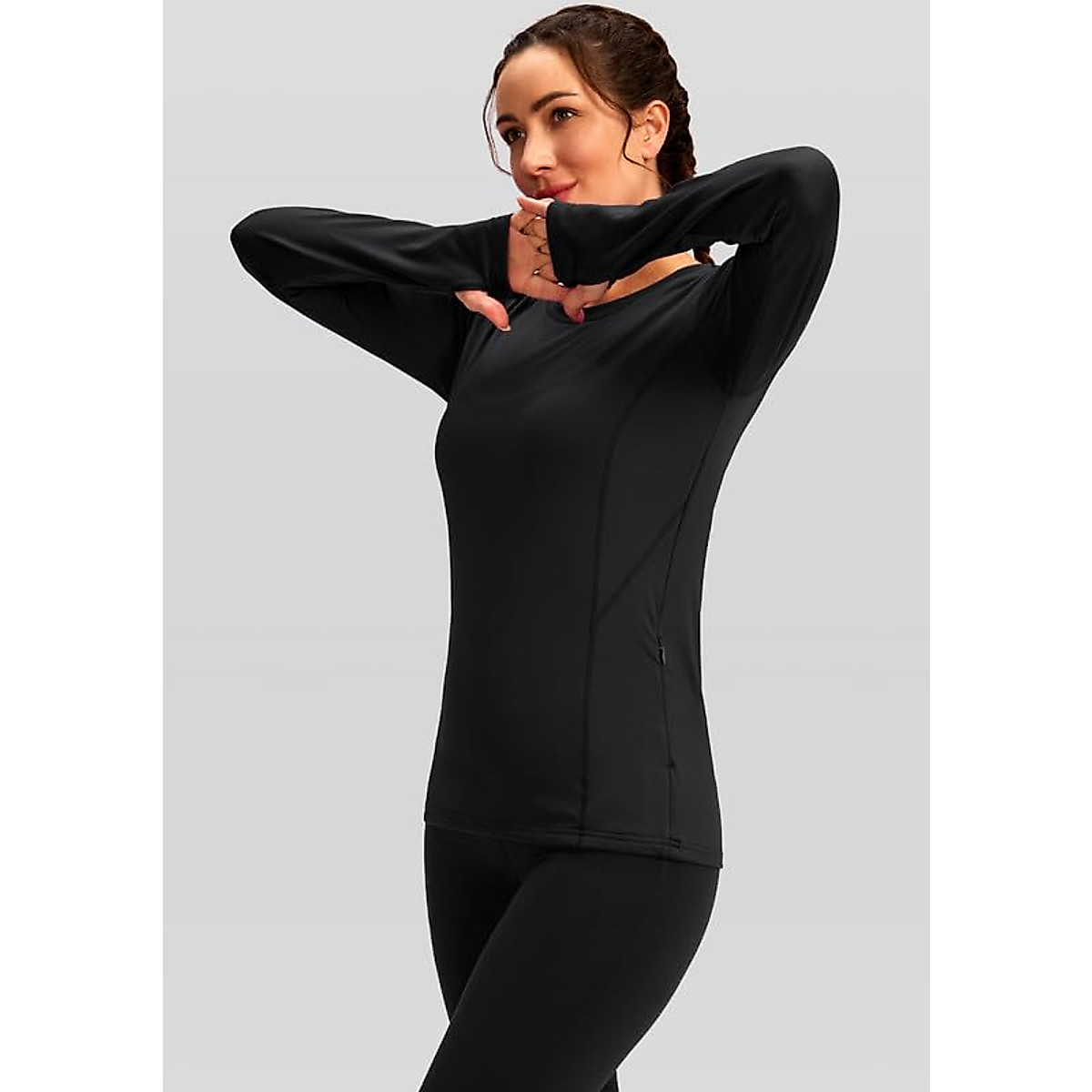 Women's Thermal Fleece Tops Long Sleeve Workout Shirts Running Athletic Base Layer with Thumb Holes Zipper Pocket(Black,L)