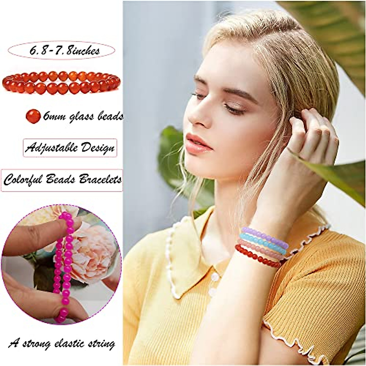 MOZAKA 24Pcs 6mm Beaded Stretch Bracelets Multicolor Glass Crystal Beaded Bracelets Set for Women Handmade Round Glass Beads Elastic Bracelets Jewelry Gifts