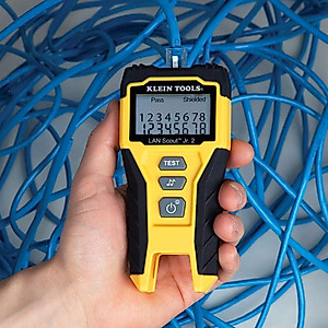 Klein Tools 80072 RJ45 Cable Tester Kit with LAN Scout Jr. 2, Coax Crimper / Stripper / Cutter Tool and 50-Pack Pass-Thru Modular Data Plugs