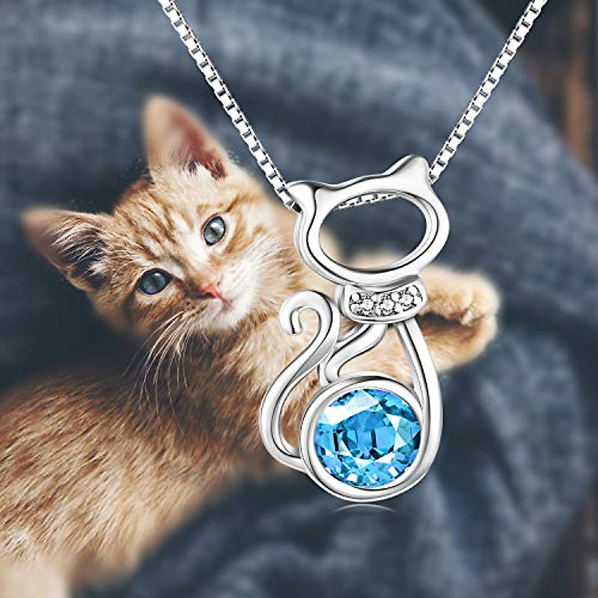 AOBOCO Cat Necklace for Cat Lovers 925 Sterling Silver March Birthstone Pendant Crystal Cat Jewelry Gifts for Women