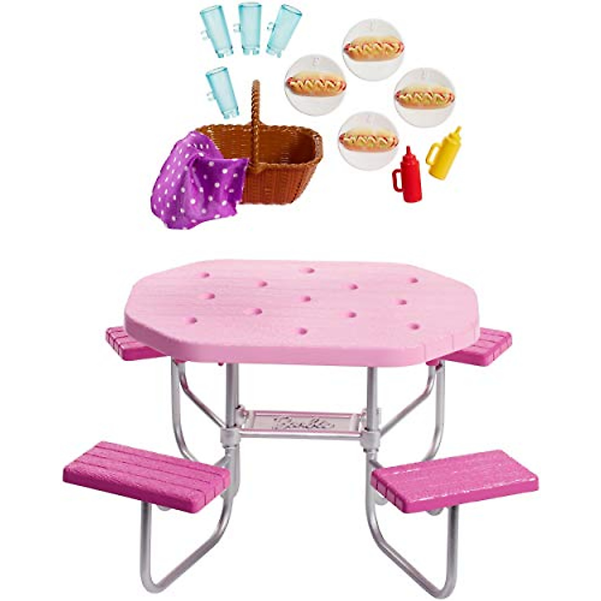 Barbie Outdoor Furniture, Pink Picnic Table with Adjustable Seats and Hot Dog Picnic for 4