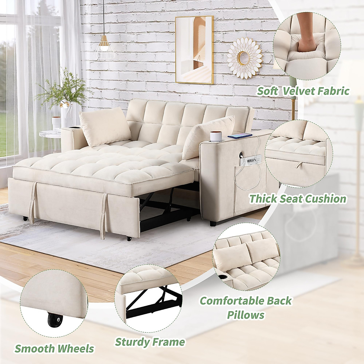 P PURLOVE Convertible Sleeper Sofa Bed, Velvet Loveseat Sofa Couch, Adjustable Backrest, Pull-Out Bed with Cup Holder and USB Port for Living Room or Apartments (Milky White)