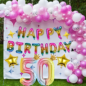 18Pcs Gradient Happy Birthday Balloons Banner, 16 Inch Mylar Foil Letters Birthday Sign Banner Gradient Happy Birthday Party decorations for Girls Kids Baby Shower Party Supplies (50th)