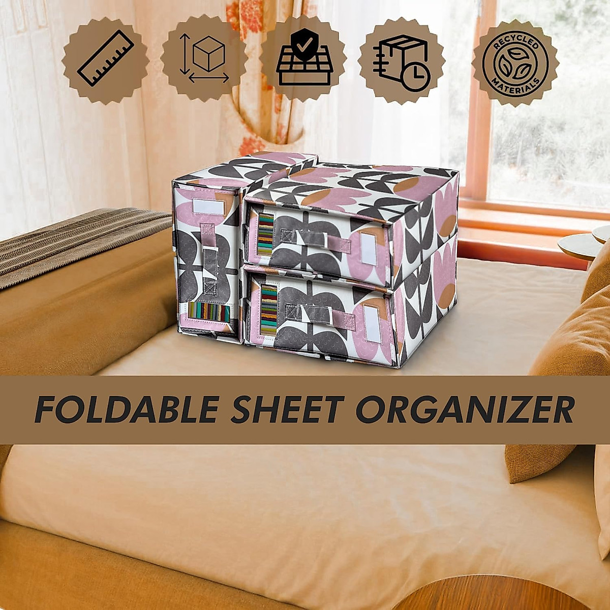 Foldable Bedding Organizer, Storage Bins for Bed Sheets, Duvet Covers and Pillowcases, Blankets, Clothes 2 pack(Queen or King) (retro flower)