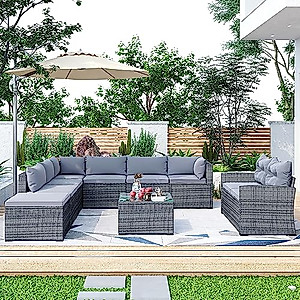 KASUE Outdoor PE Wicker Sofa 9-Piece Set - Perfect for Outdoor Spaces, Gardens, and Poolside, Gray Wicker, Gray Cushion
