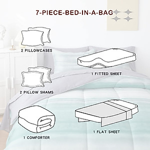 Joyreap 7 Piece Bed in a Bag Queen, Light Gray Stripes Reversible Design, Microfiber Comforter Set for All Season- 1 Comforter, 2 Pillow Shams, 1 Flat Sheet, 1 Fitted Sheet, 2 Pillowcases