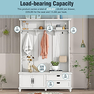 Bellemave Modern Wide Hall Tree with Bench, Shoe Storage, and 2 Large Drawers, White