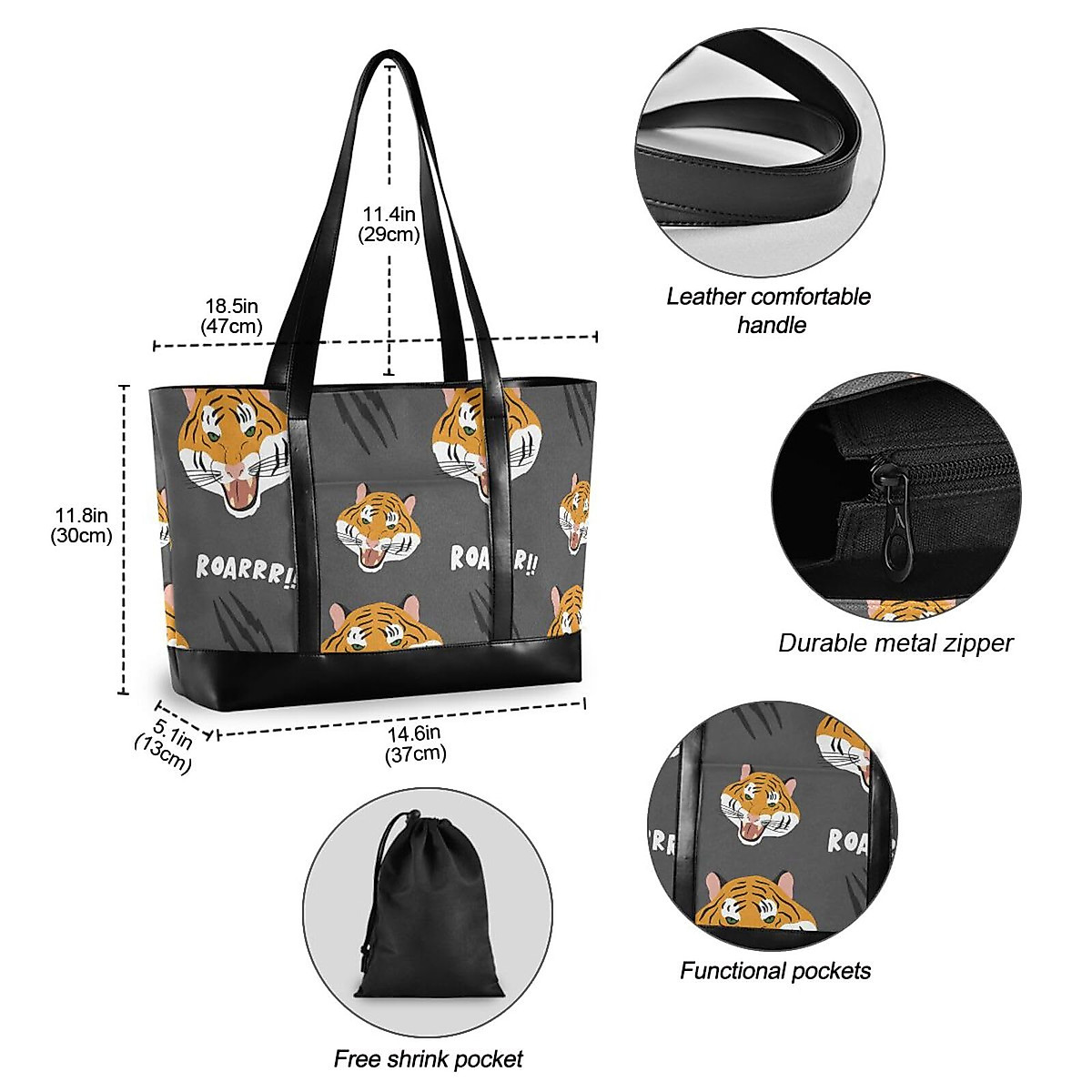Cute Tiger Laptop Tote Bag for Women Travel Work Bag Handbags Purse Canvas Teacher Tote Bags with Fashion Zipper