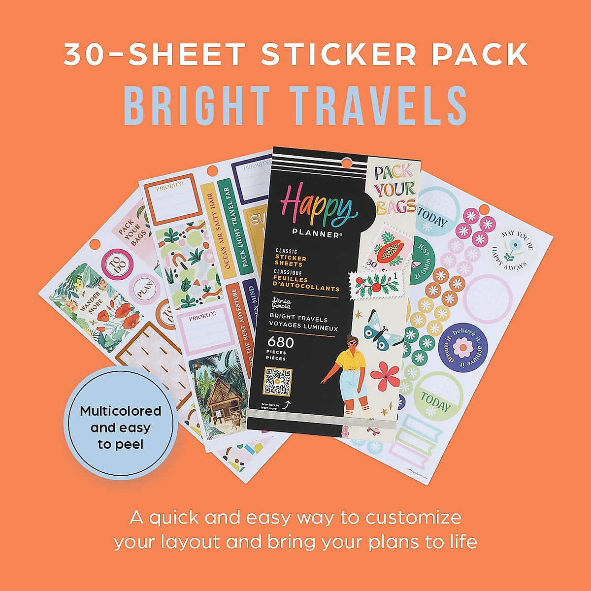 Happy Planner 18 Month Classic Planner Sticker Pack Bundle – Bright Travels - Classic Sized Planner (7” x 9.75”) July 2023 – Dec 2024 & 30 Sheet Sticker Book, 680 Stickers Total