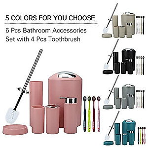 Otostar 6 Piece Bathroom Accessories Set Plastic Bath Accessories Lotion Bottles,Toothbrush Holder, Soap Dish,Toilet Brush with Holder,Trash Can,Tooth Mug Decorative Housewarming Gift (Pink)