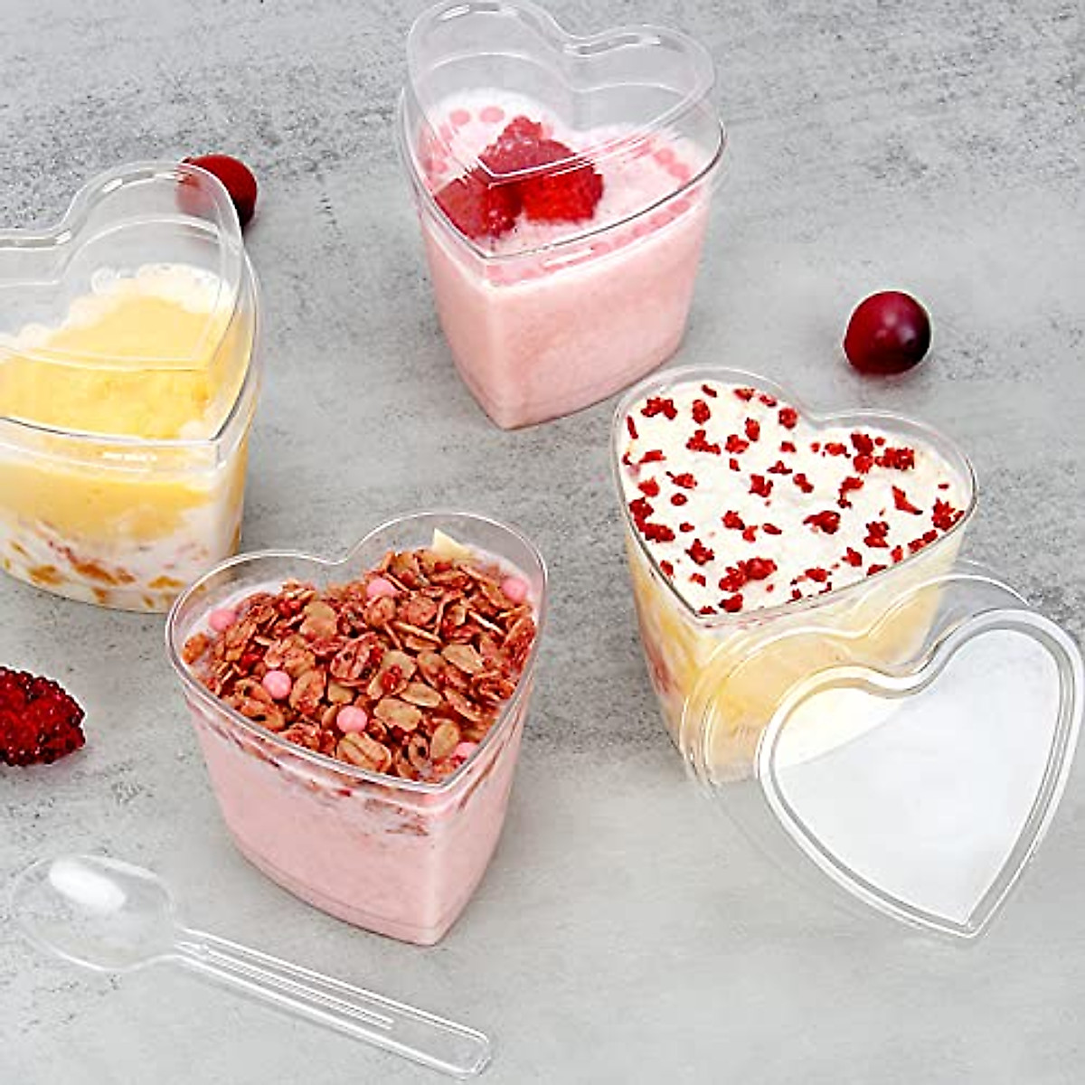 HawHawToys 60 Pack Dessert Cups with Lids and Spoons, 5 oz Heart Shaped Clear Plastic Appetizer Parfait cups for Mother's Day Gift, Wedding, Bridal Shower