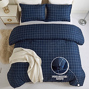 Andency Navy Grid Comforter Set Full Size (79x90 Inch), 3 Pieces(1 Grid Comforter and 2 Pillowcases), Summer Lightweight Microfiber Down Alternative Navy Comforter with White Lines