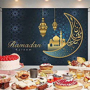 Ramadan Decoration Ramadan Kareem Backdrop Eid Mubarak Photo Background Ramadan Banner Poster for Ramadan Decorations Ramadan Kareem Supplies 70.8 x 47.2 Inch (Dark Blue)