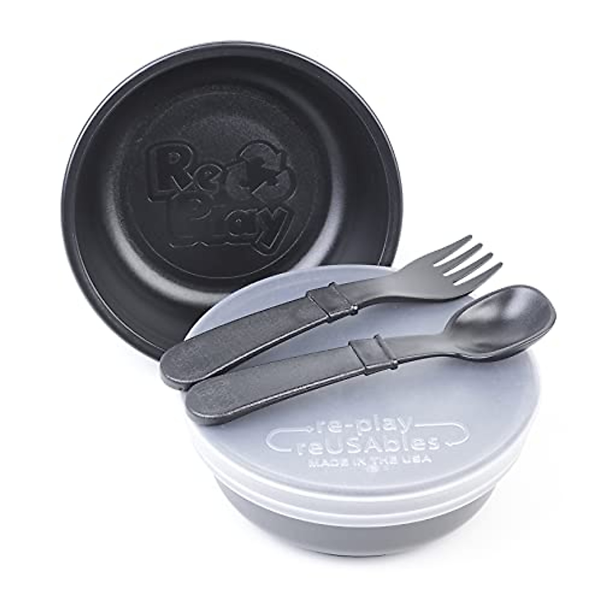 Re-Play - Made in USA - 5 Piece Toddler Feeding Set of 2 Wide Base Bowls, Silicone Storage Lid, Utensils - BPA Free - Made from Environmentally Friendly Recycled Milk Jugs - Black