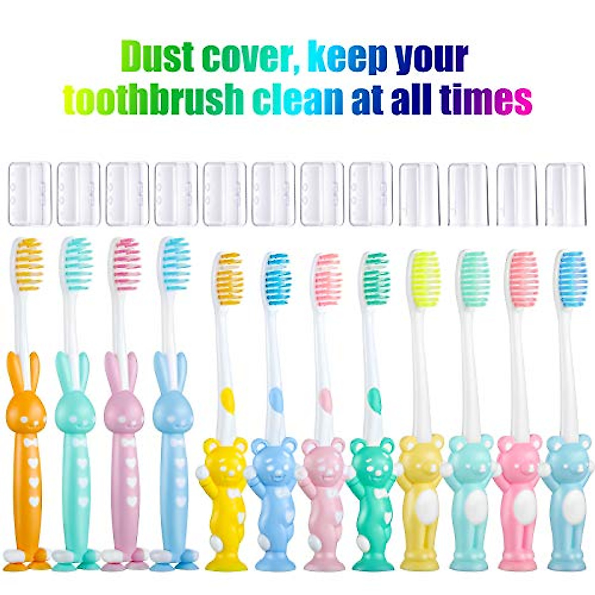 Patelai 12 Pcs Kids Toothbrush for Age 2 and Above Children Manual Toothbrush Set Soft Contoured Bristles Boys and Girls Cute Colorful Toothbrush with Suction Cup for Storage