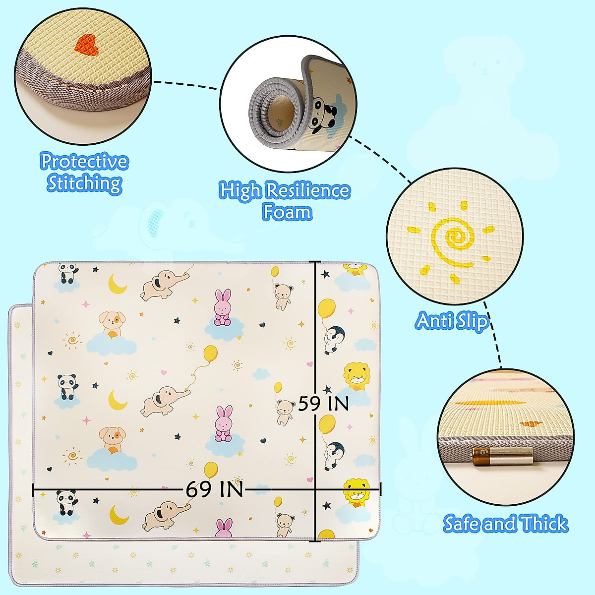 Bubbtots Baby Play Mat, Large and Reversible Waterproof Padded Foam Playmat for Babies and Toddlers, Animals and Nature, 69"x59"x0.6"