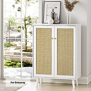 Anmytek Rattan Cabinet, 44" H Tall Sideboard Storage Cabinet with Crafted Rattan Front, Entryway Shoe Cabinet Wood 2 Door Accent Cabinet with Adjustable Shelves White, H0086