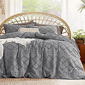 Bedsure Boho Duvet Cover Queen Size - Boho Bedding, Tufted Queen Duvet Cover for All Seasons, 3 Pieces Embroidery Shabby Chic Home Bedding,Comforter Not Included (Grey, 90" x 90")