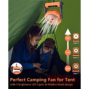 Portable Camping Fan Rechargeable, 10000mAh Battery Operated Fan with LED Lights & Hook, 8'' Battery Powered Desk Fan for Home Bedroom, 3 Speed Tent Fan for Camping, Barbecue, Fishing, Outdoor, Travel