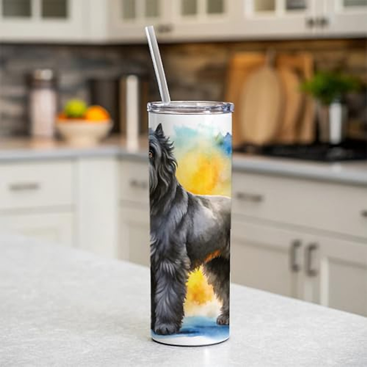 Bouviers Des Flandres Dog Watercolor Style Skinny Tumbler 20oz with Straw Insulated Water Bottle Gift