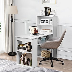 IFANNY White Computer Desk w/Bookshelf, Modern Home Office Desk w/Storage Shelves & CPU Stand, Space-Saving Design, Compact Corner Computer Workstation for Small Spaces