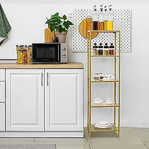 Homhedy 5-Tier Bookshelf,Metal Bookcase,Tempered Glass Shelves,Storage Rack Shelf for Home Office ,Living Room,Bedroom, Bathroom,Modern Style,Golden