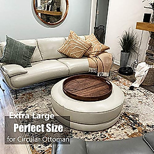 MAGIGO 24 Inches Extra Large Round Black Walnut Wood Ottoman Tray with Handles, Serve Tea, Coffee or Breakfast in Bed, Classic Circular Wooden Decorative Serving Tray