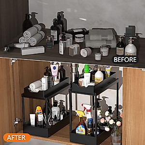 2 Pack Under Sink Organizers and Storage - 2 Tier Large Capacity Bathroom Organizer Under Sink with 4 Hooks,Upgrade Multipurpose Top Sliding Basket Cabinet Organizer for Kitchen Bathroom, Black