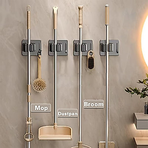 Mop Broom Holder-Self Adhesive Stainless Steel Broom Hanger Organizer for Bathroom, Kitchen, Office，Utility Room，Laundry Room,Home Garden, Garage Storage and Organization Rack(Silver gray-4Psc)